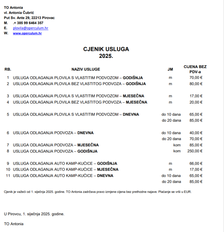 Cjenik 2025 - Dry dock Pirovac - TO Antonia